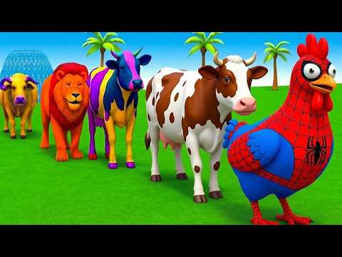 5 Giant Duck Cartoon,Cow,Elephant,Tiger,Lion,Dinosaur,Paint Wild Animals Crossing Fountain Animation