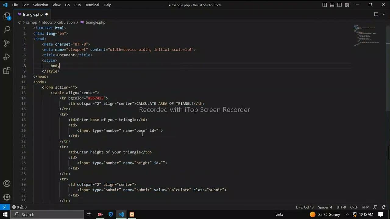how to create program of calculating area of triangle by using php code - YouTube