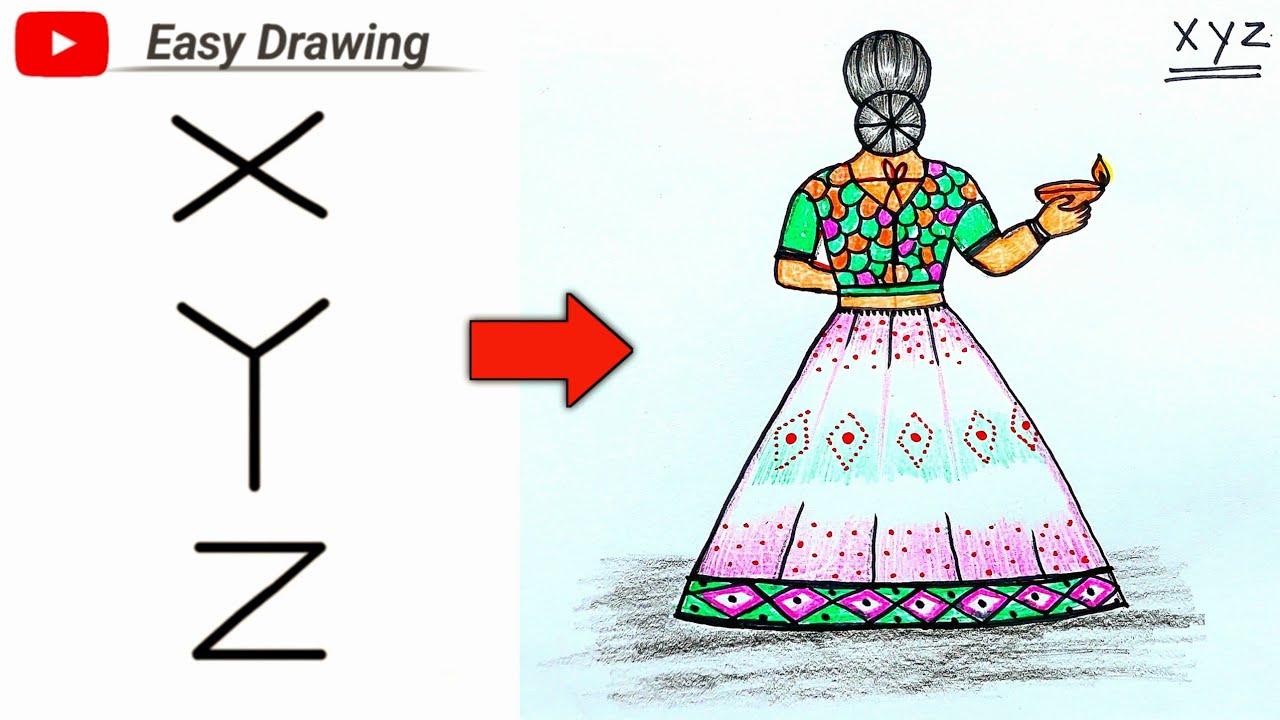 X Y Z- How to draw a girl with diwali diya | Diwali drawing | diwali ki ...