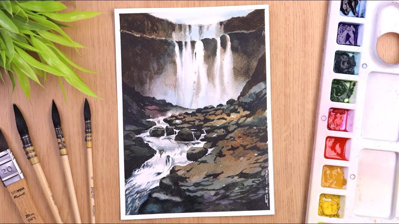 Waterfall landscape painting with Watercolor - YouTube