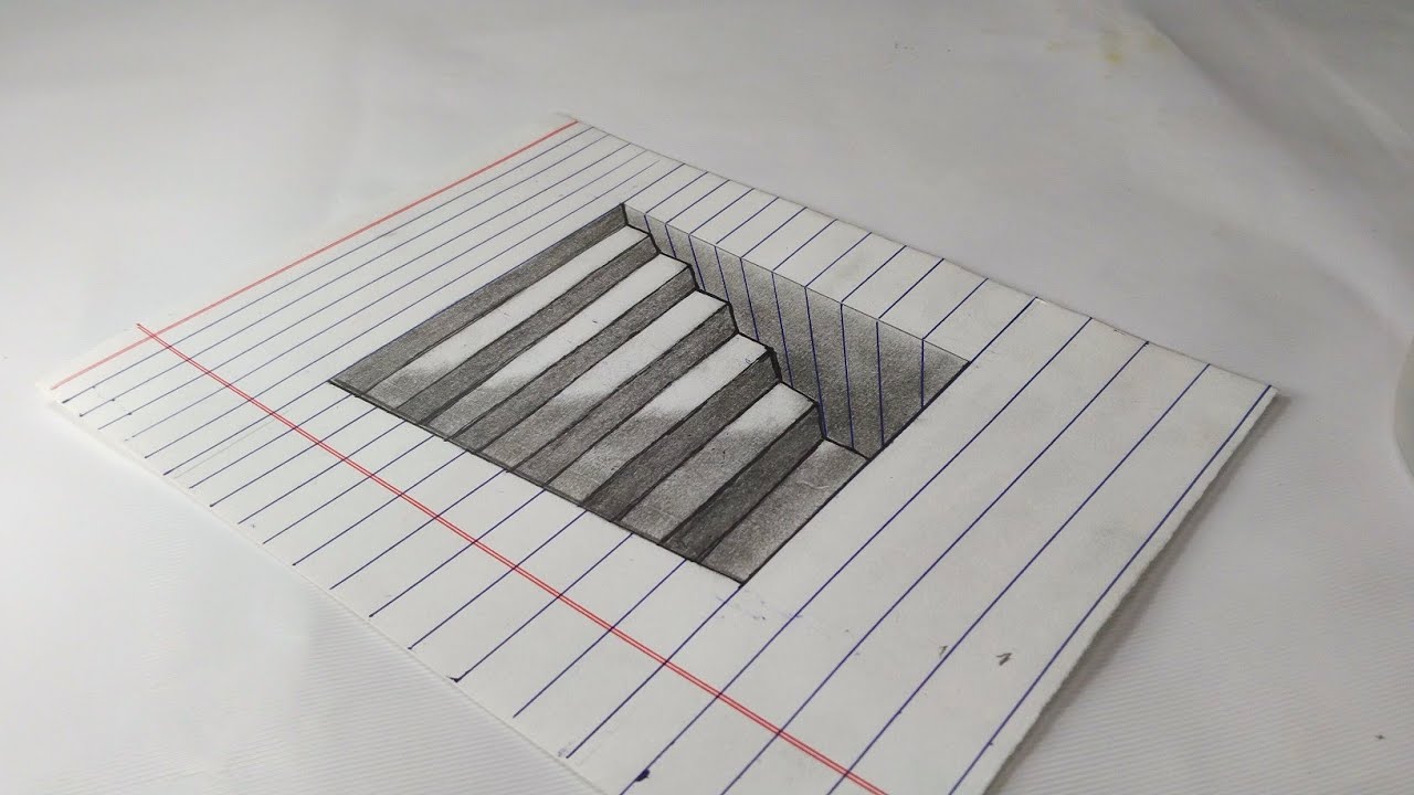How to draw 3D hold & stairs in line paper trick @art - very easy ...
