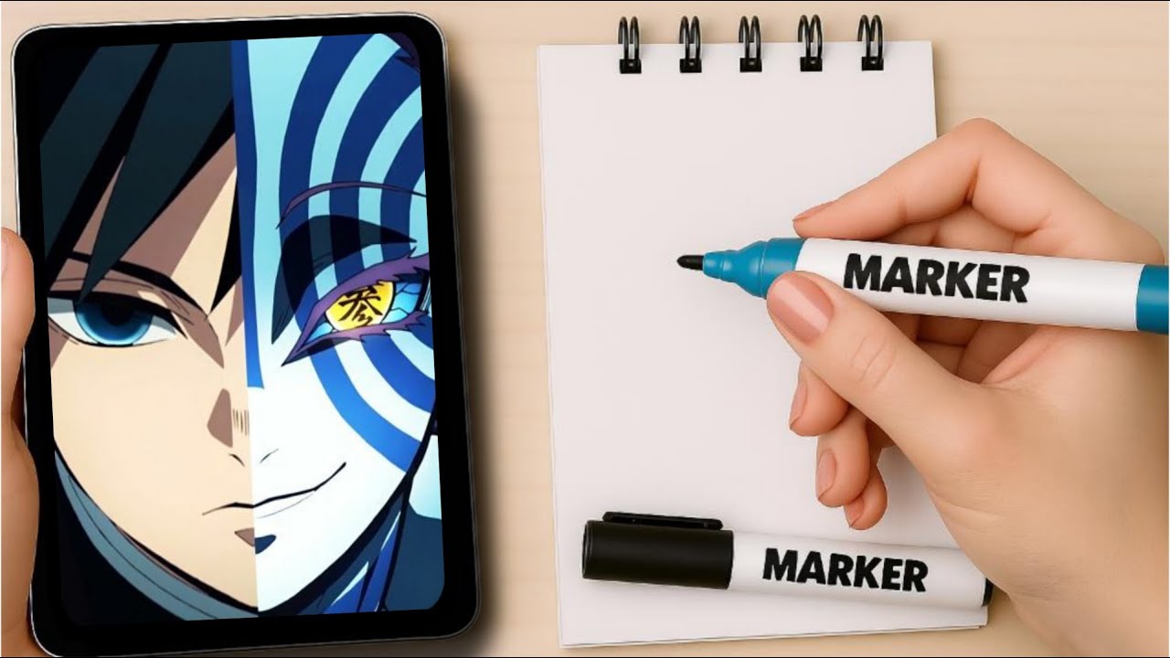 🎨 Giyu × Akaza Half Face Drawing Live | Demon Slayer Art Transformation ...