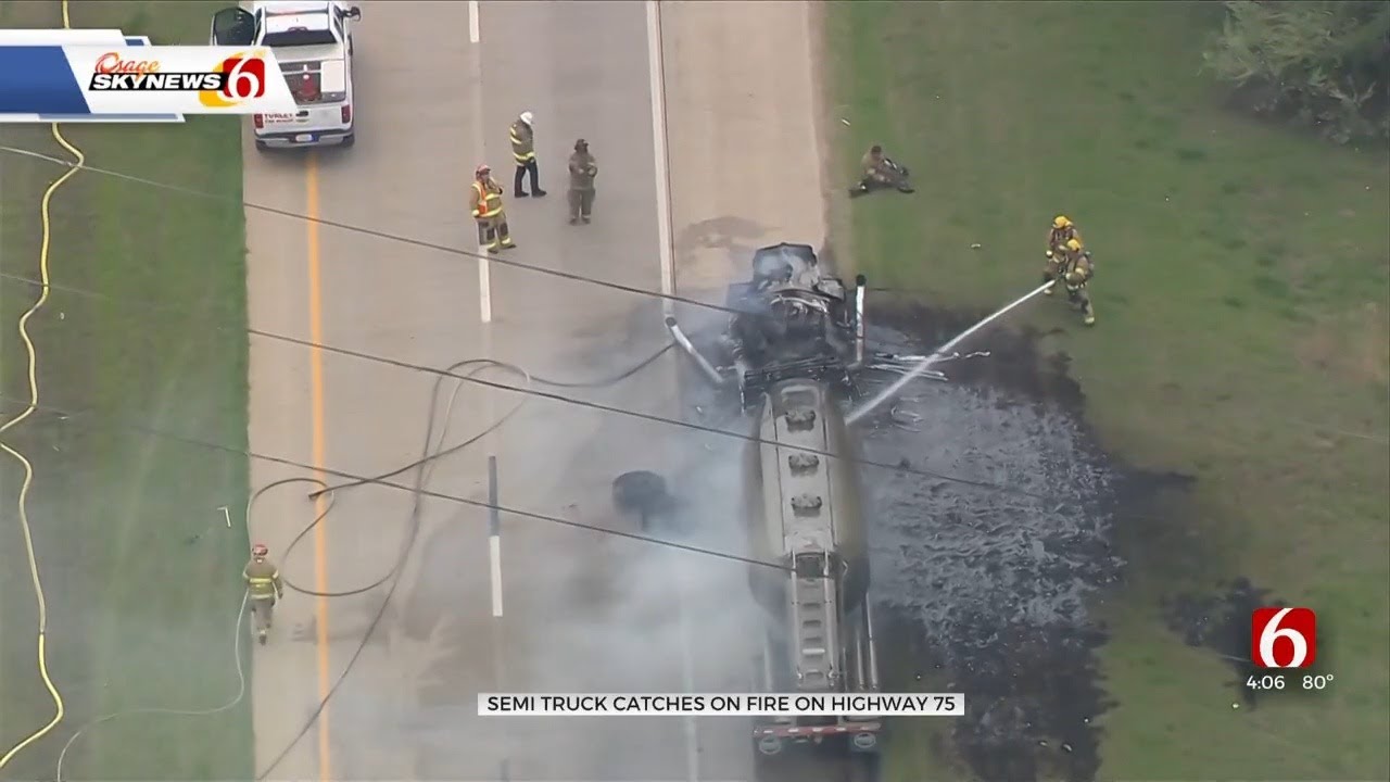 Semi Catches Fire On Highway 75 In Owasso - YouTube
