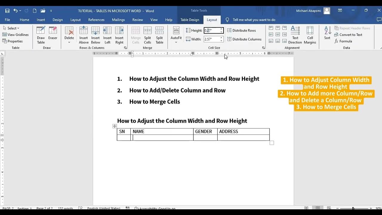 TABLES IN MICROSOFT WORD: ADJUST COLUMNS/ROWS || ADD AND DELETE COLUMN/ROW || MERGE CELLS - YouTube
