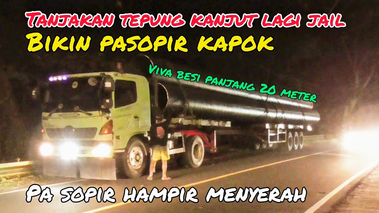 TRUK TRAILER HINO MUAT VIVA BESI PANJANG 20 METER SELIP GAK BISA MAJU ...