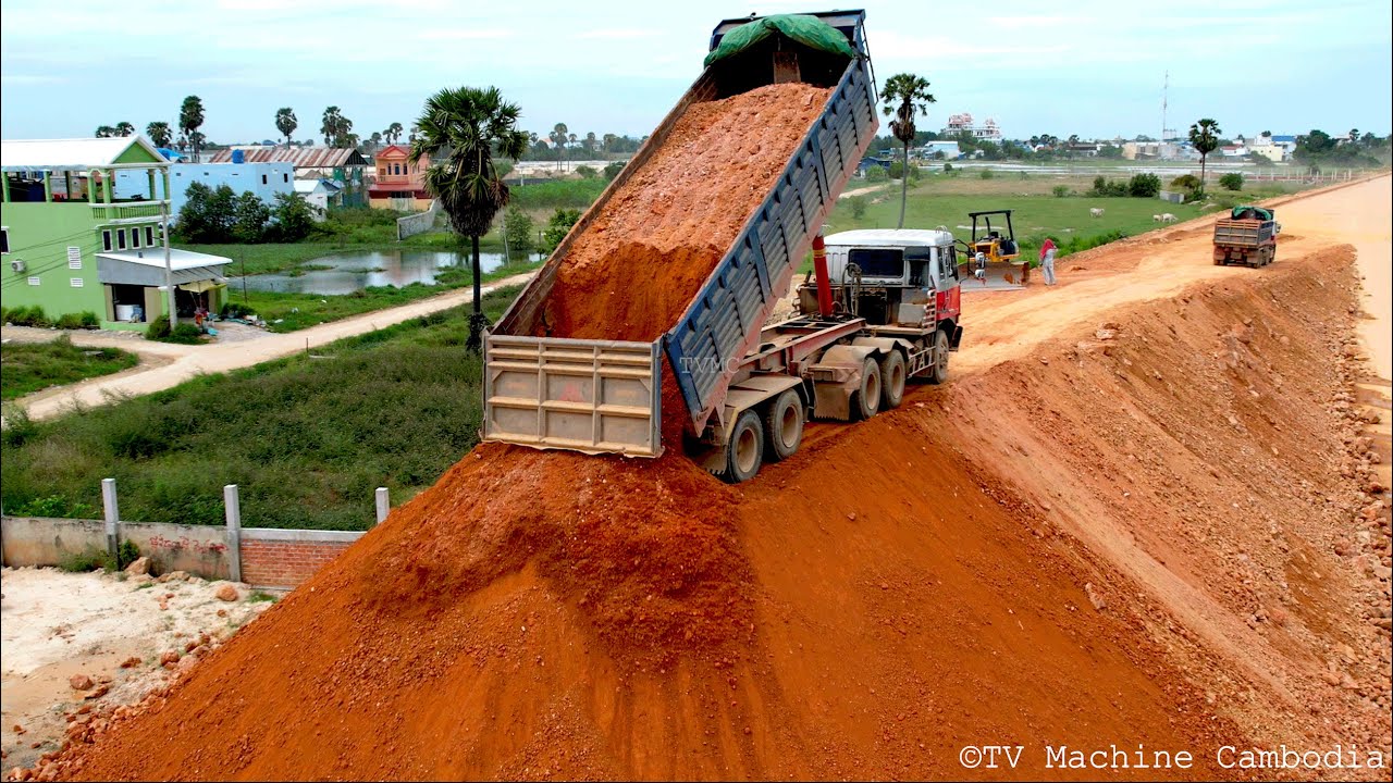 Amazing Long Dump Truck Unloading & Dozer Push On Sloping Hillside Save ...