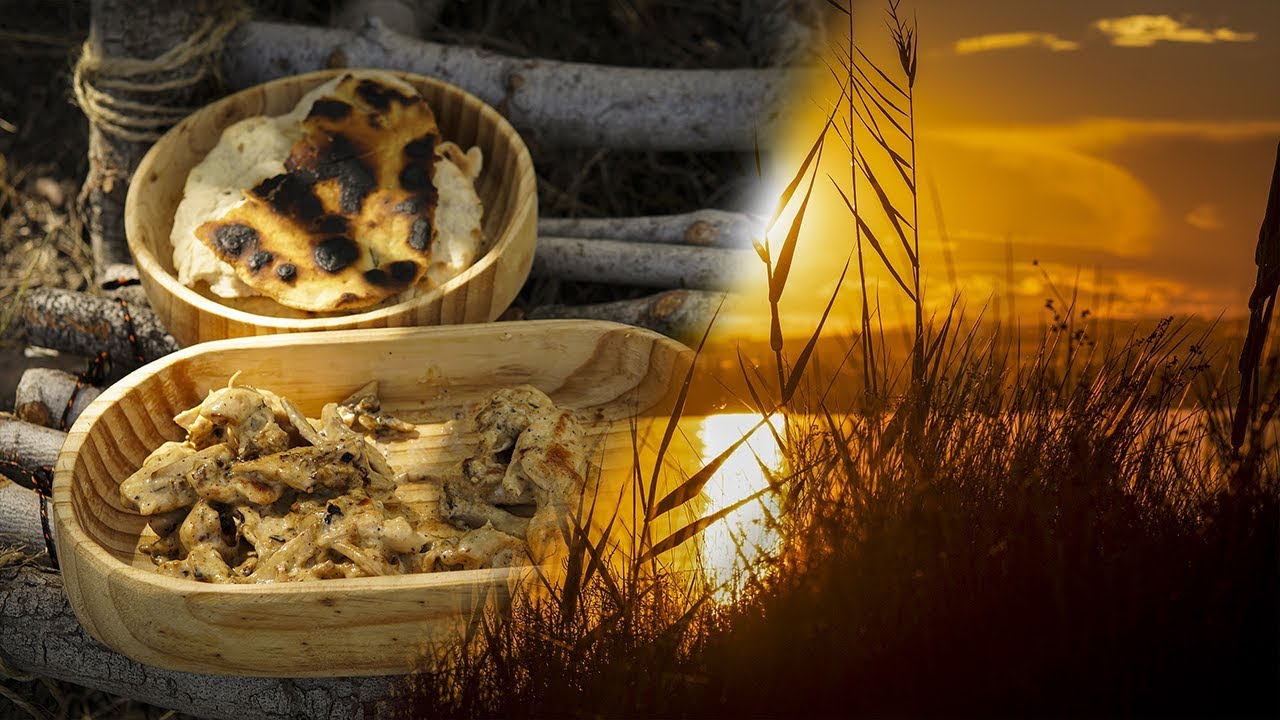 Bushcraft - Cooking in a camp at the shelter and wood carving - YouTube