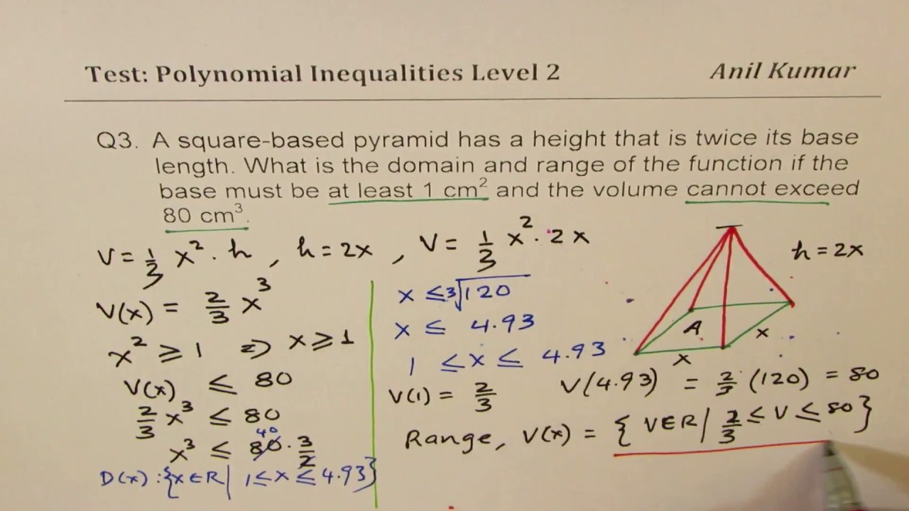 Domain and Range of Squar Pyramid with Volume 80 Polynomial ...