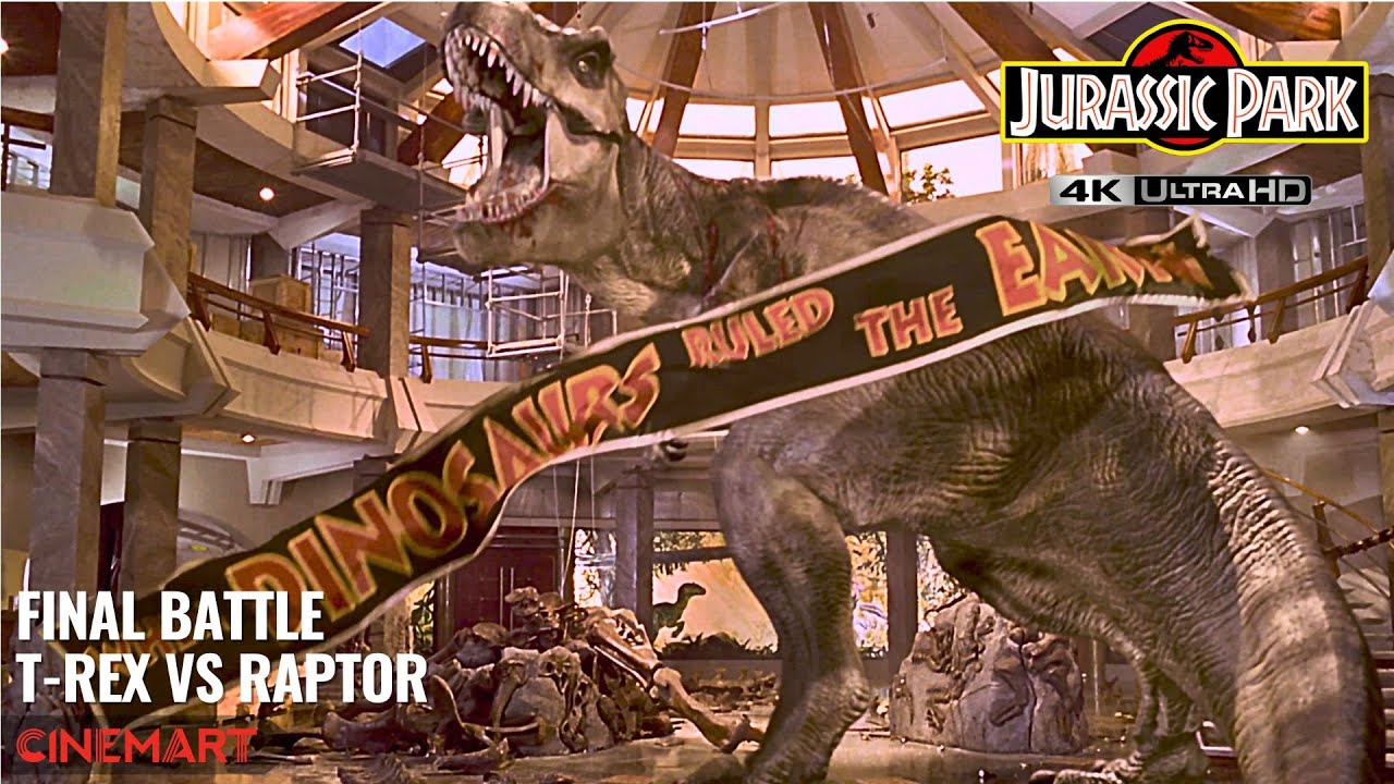 JURASSIC PARK (1993) | Final Battle | T-Rex & Velociraptors fight Scene ...