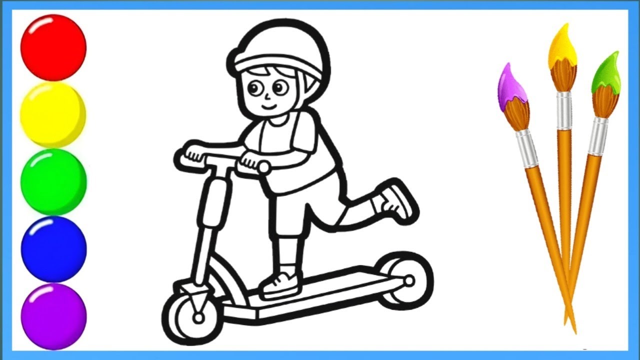 Boy Riding a Scooter Picture Drawing | Painting and Coloring for Kids ...