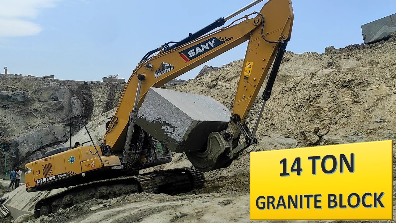SANY SY240 GraMa Excavator lifting & moving 14 Ton Granite Block in ...