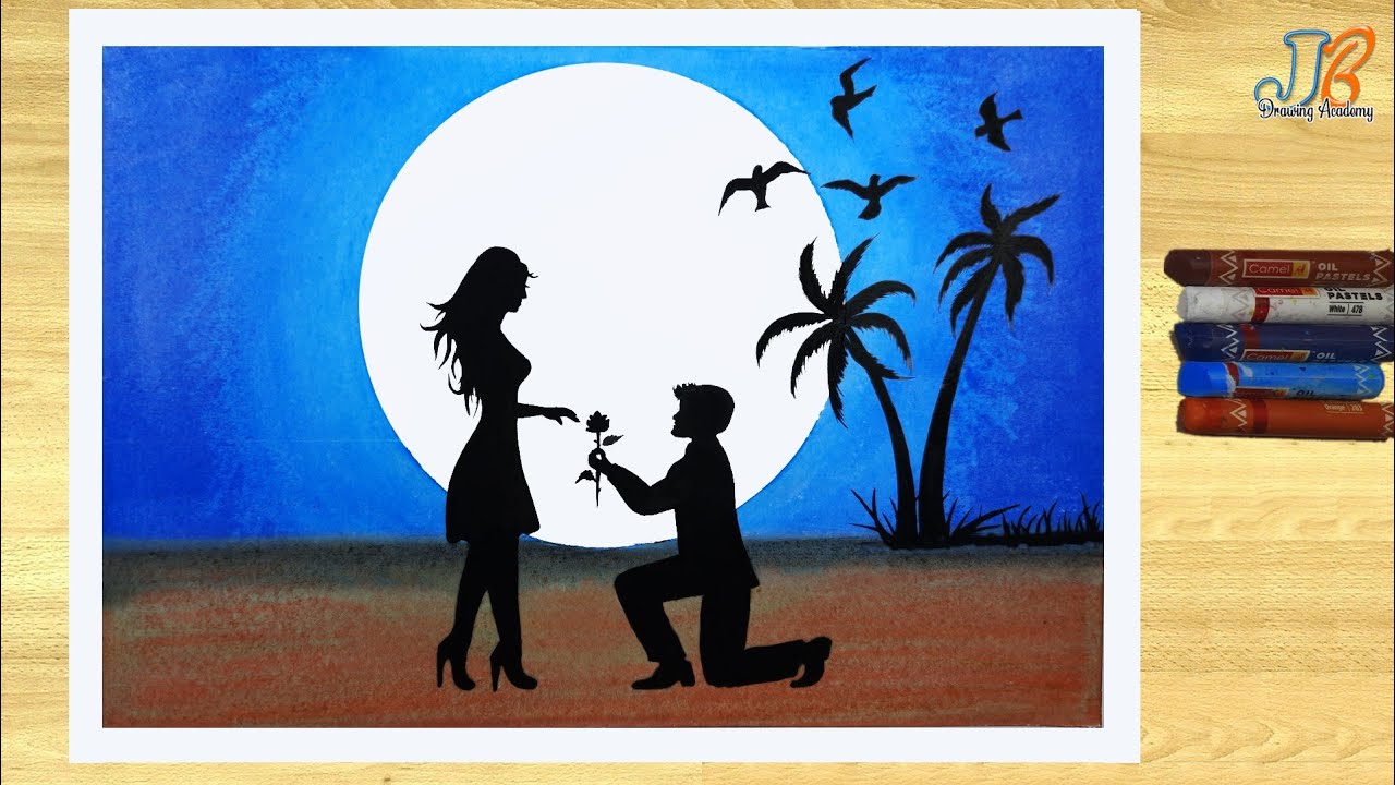 Romantic Couple Night Scenery Drawing with Oil Pastels - step by step ...