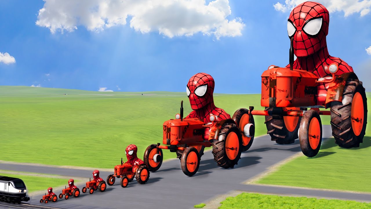 Big & Small Spider-Man the Tractor vs Train | BeamNG.Drive - YouTube
