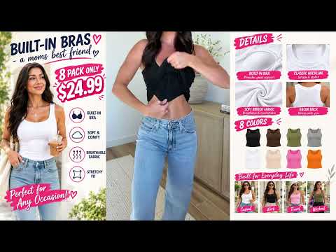 Round Neck Built-in Bra Ribbed Tank Top Fit Casual Comfortable(Built in bras - a moms best friend)