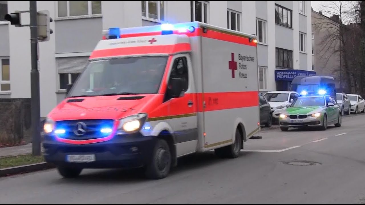 KTW Malteser + NEF + RTW BRK + FuStW Polizei Rosenheim - YouTube