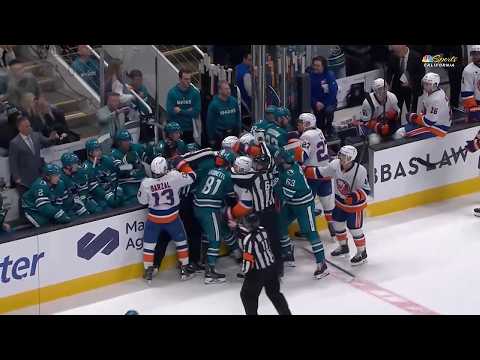 Kiefer Sherwood confronts Mathew Barzal after a high hit on Macklin Celebrini - Isles @ Sharks