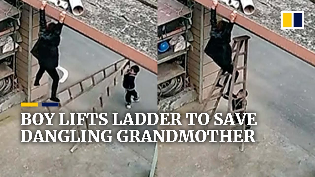 Chinese boy lifts ladder to save dangling grandmother - YouTube