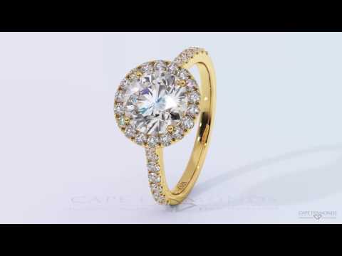 Halo Petal Basket Side Stone Round Cut Yellow Gold Diamond Engagement Rings - Cape Diamonds