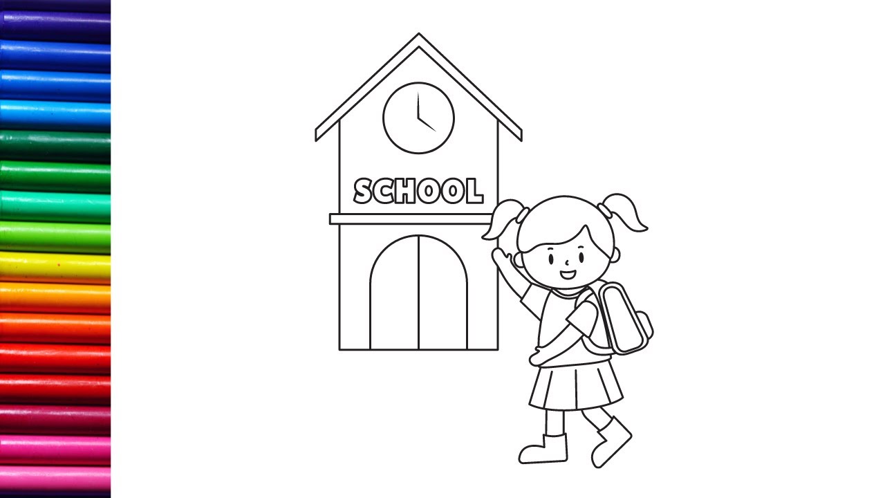 How to draw and color girl going to school | Girl and School drawing ...
