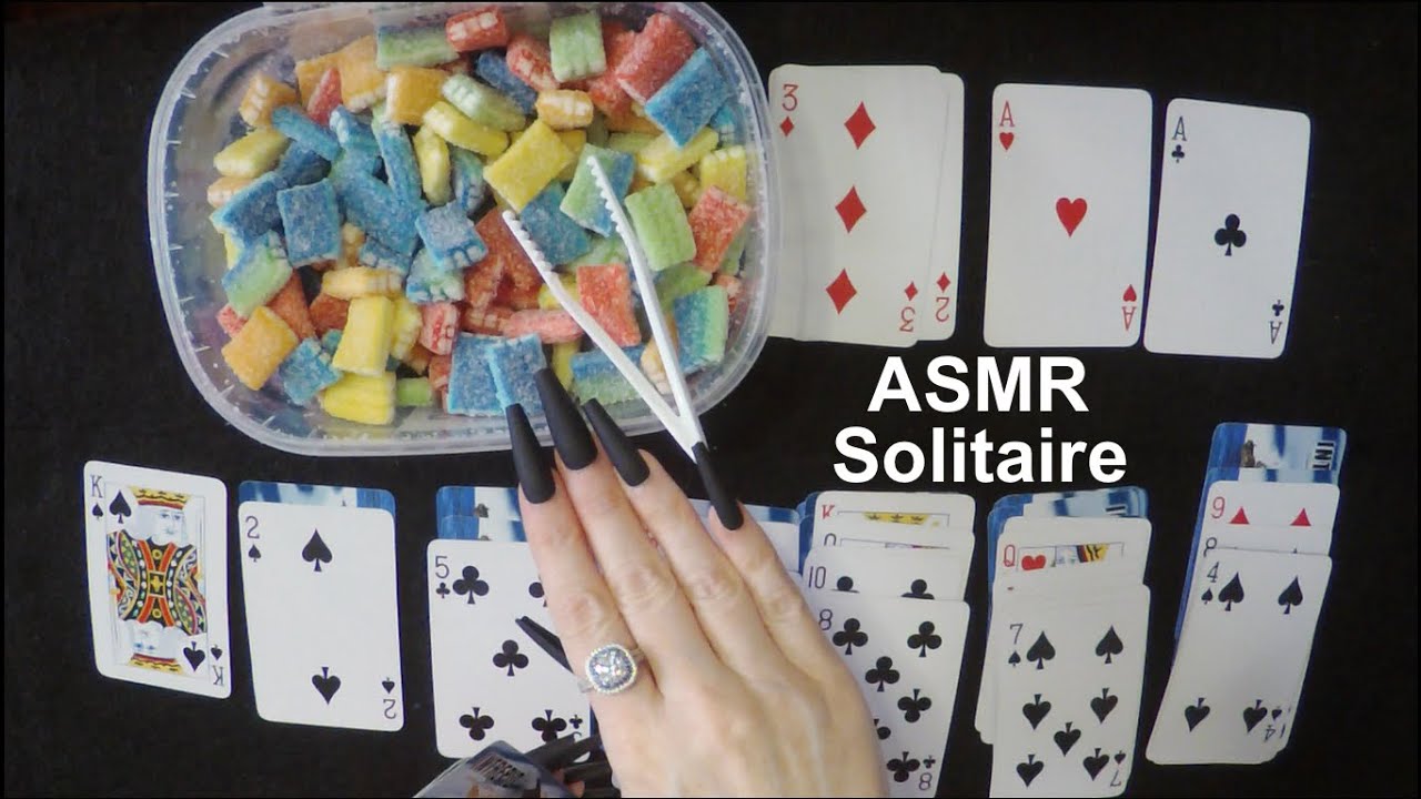 ASMR Eating Gummies & Playing Solitaire | Whispered Ramble | Long Nail Tapping - YouTube