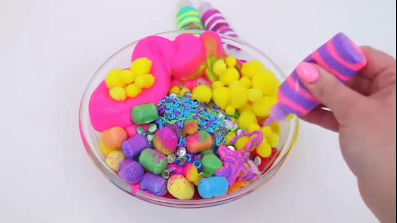 Mixing varied things in clear slime - YouTube