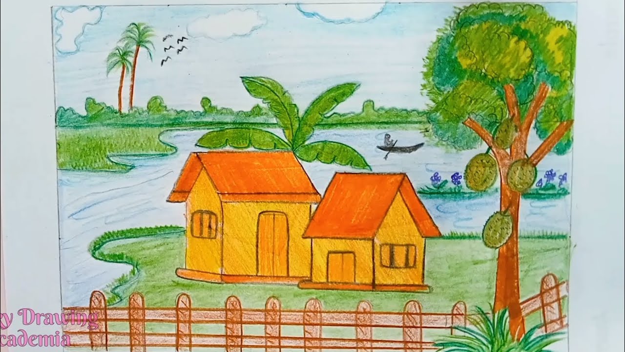 Drawing a village scenery step by step / drawing tutorial - YouTube