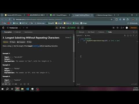 Leetcode 3. Longest Substring Without Repeating Characters python - YouTube