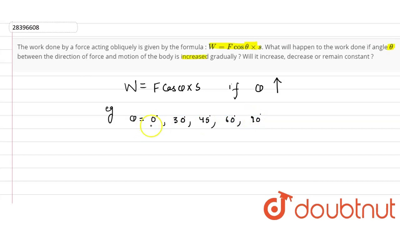 The work done by a force acting obliquely is given by the formula ...