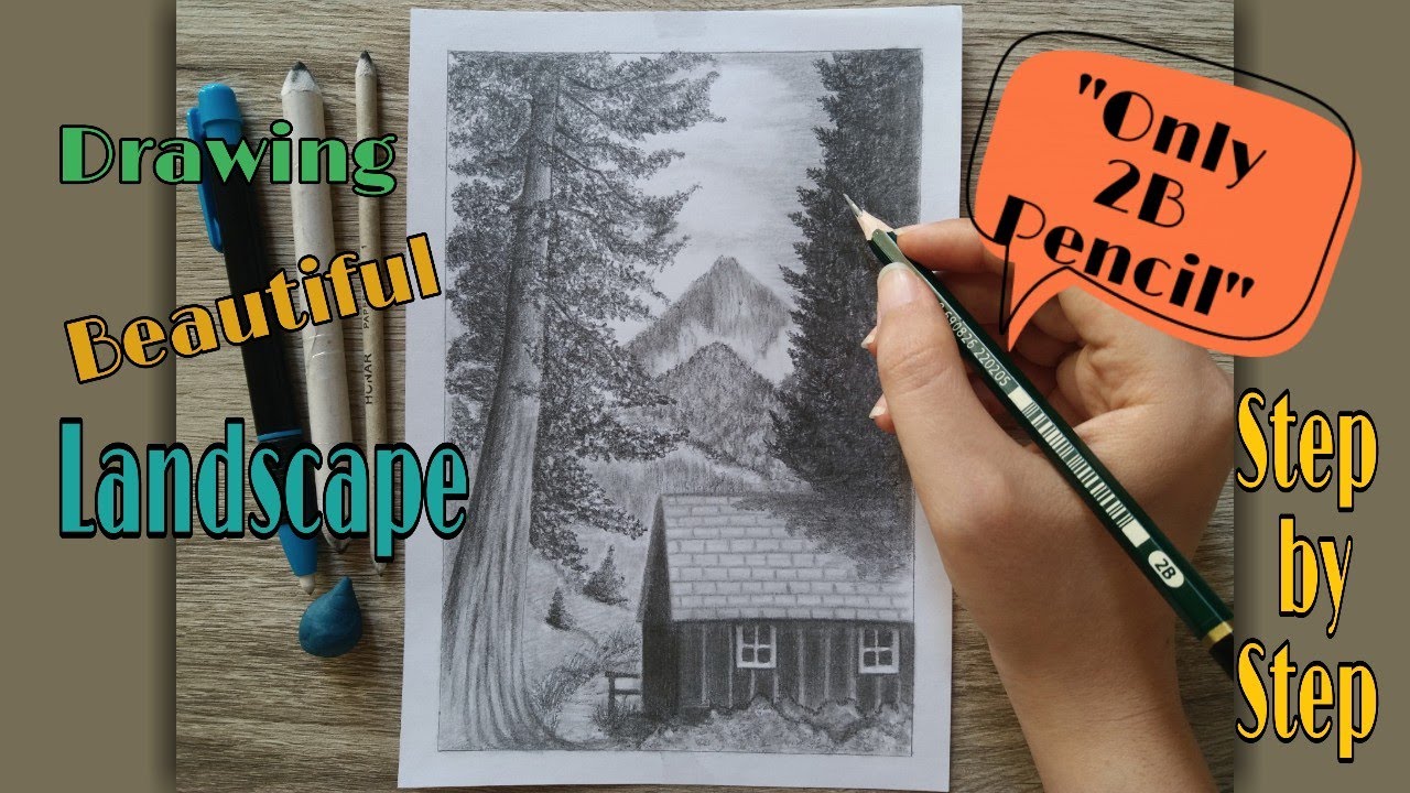 How to Draw a LANDSCAPE Drawing and Shading with ONLY 2B Pencil | Step ...