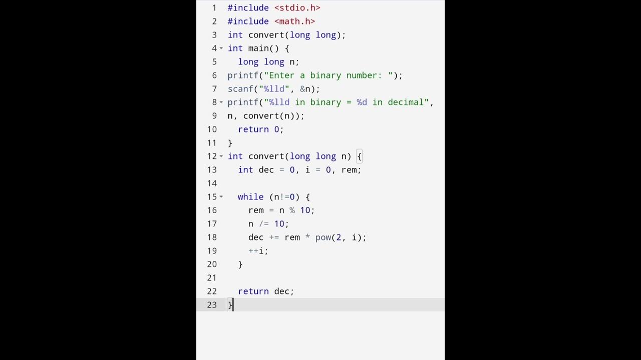 C program to convert Binary number to decimal using function #coding #easy #programming #c ...