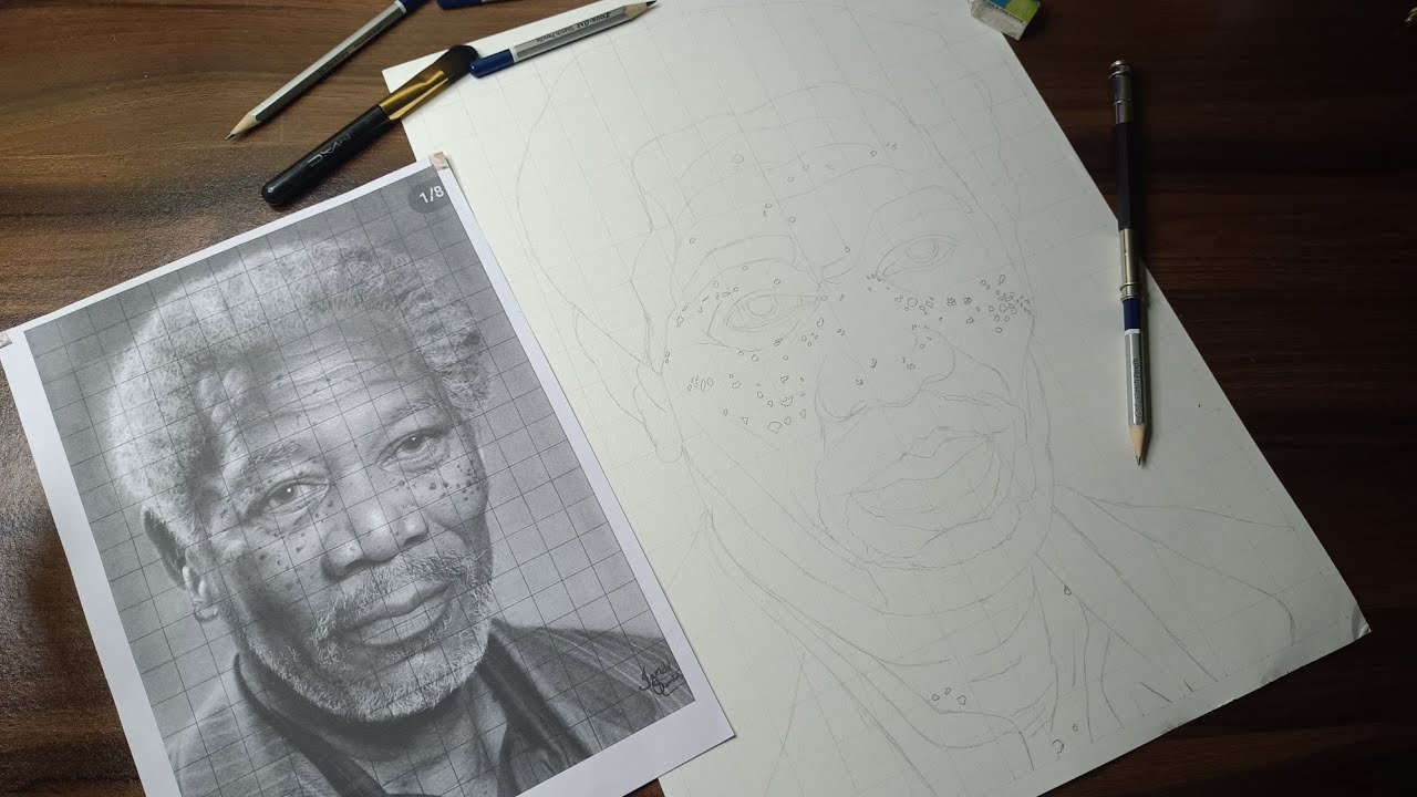 Morgan Freeman Hyper Realistic Portrait (Outline) Grid Method ️ - YouTube