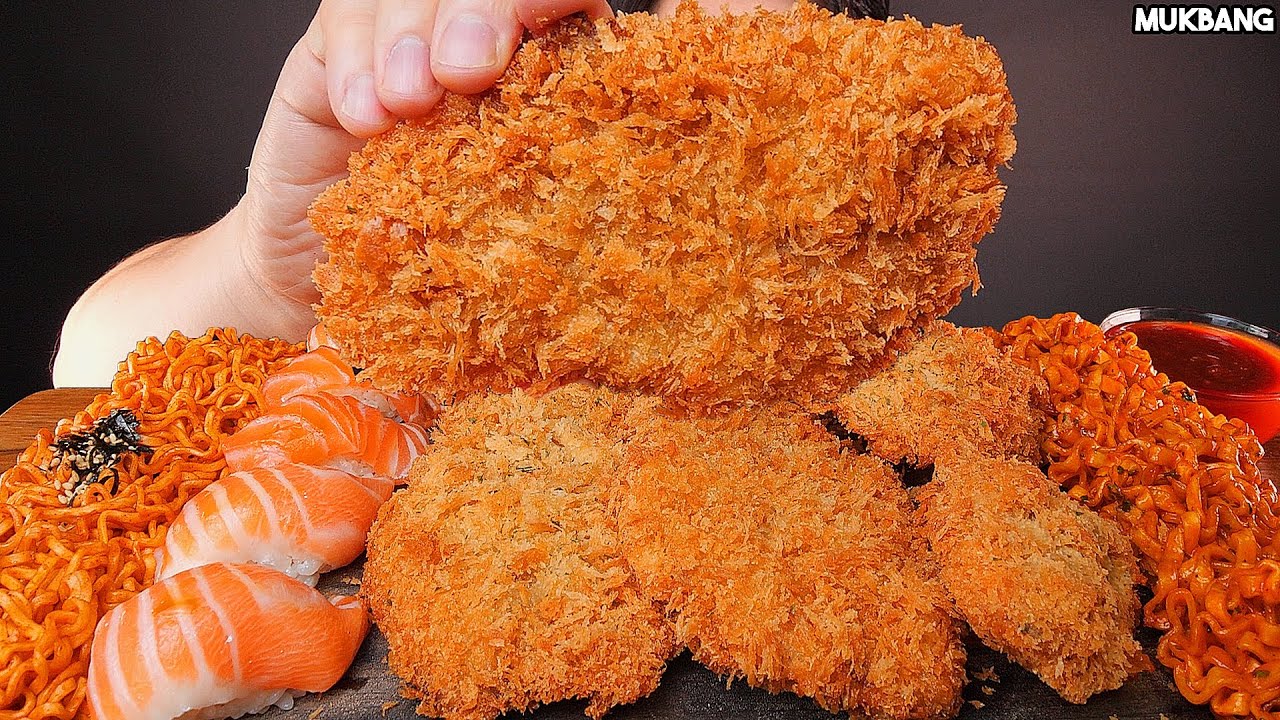ASMR MUKBANG | FIRE NOODLES & PORK CUTLET SALMON FRIED SHRIMP EATING 먹방 ...