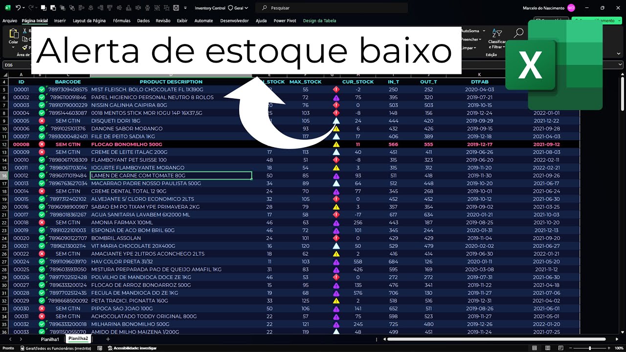 Planilha com icones de alerta de estoque de Produtos no Excel - YouTube