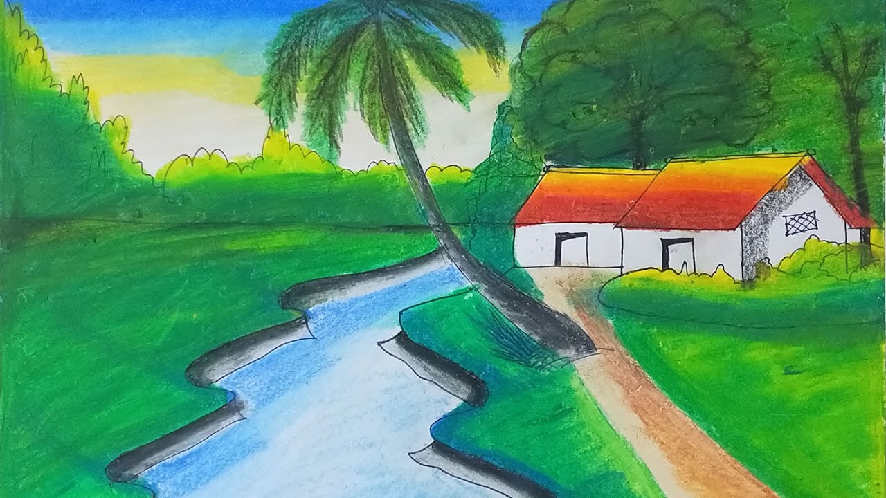 How to Draw River Side Village Beautiful Landscape Scenery | Easy Way ...