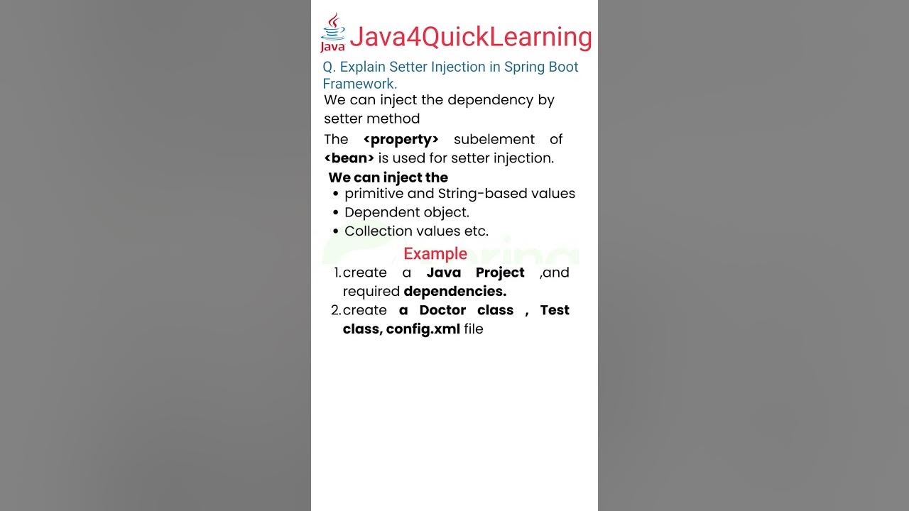 Setter Injection in Spring Boot Framework #springboot #dependencyinjection #java4quicklearning ...