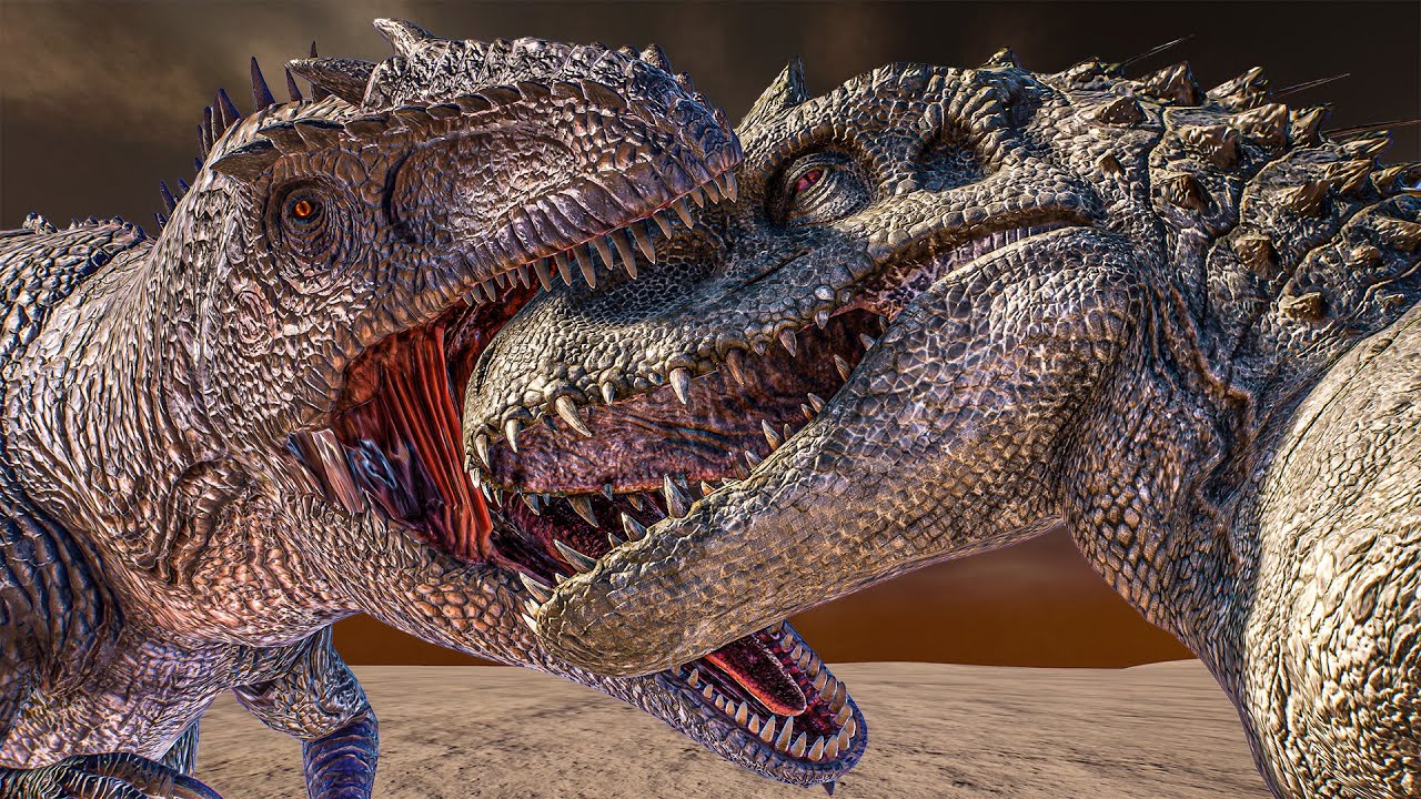 ARK Giganotosaurus vs Indominus Rex, Tarbosaurus, T-Rex .. BATTLE ...