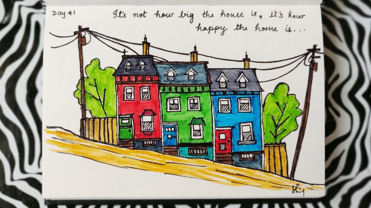 Row homes drawing! How to draw row house! Day 41 drawing! Drawing ...