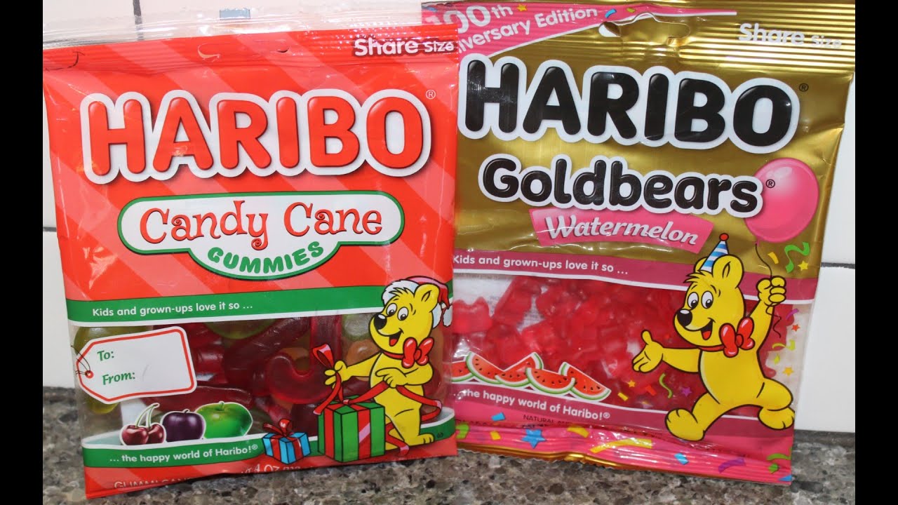 Haribo: Candy Cane Gummies & Goldbears Watermelon Review - YouTube