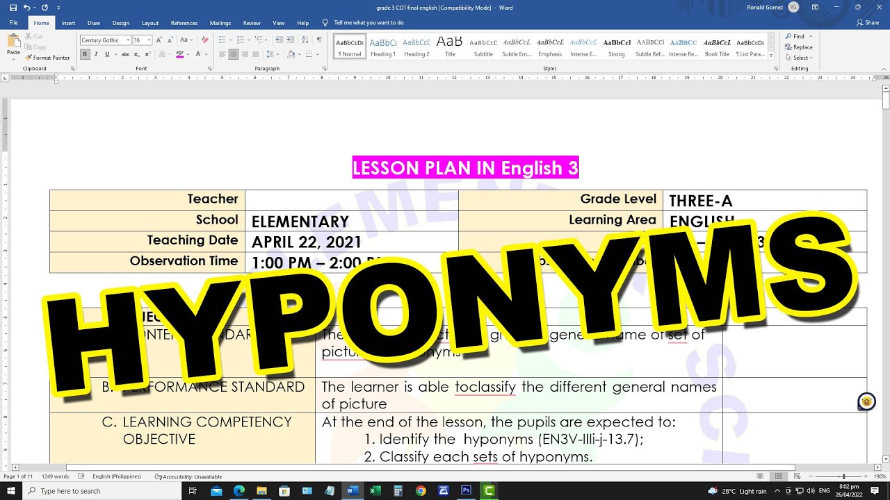 HYPONYMS GRADE 3 COT final english VLOG 6 - YouTube