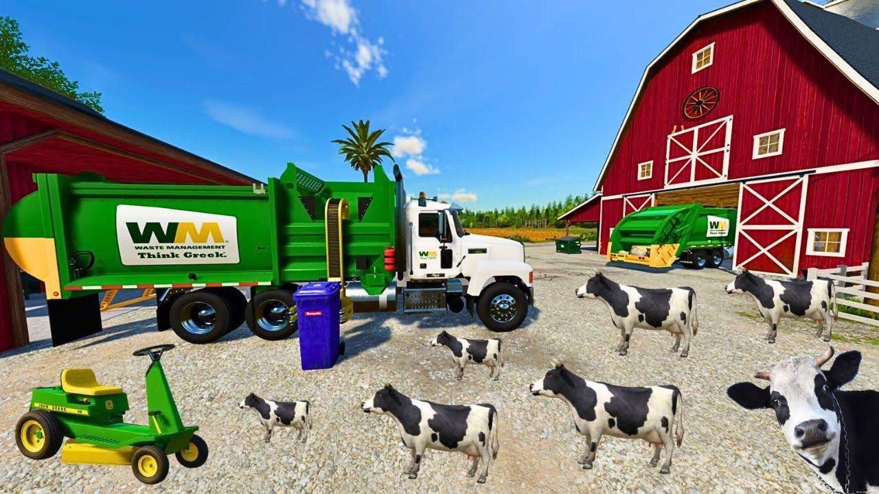 Garbage Truck trash pick up with dumpsters and Lawn Mowing at the farm ...