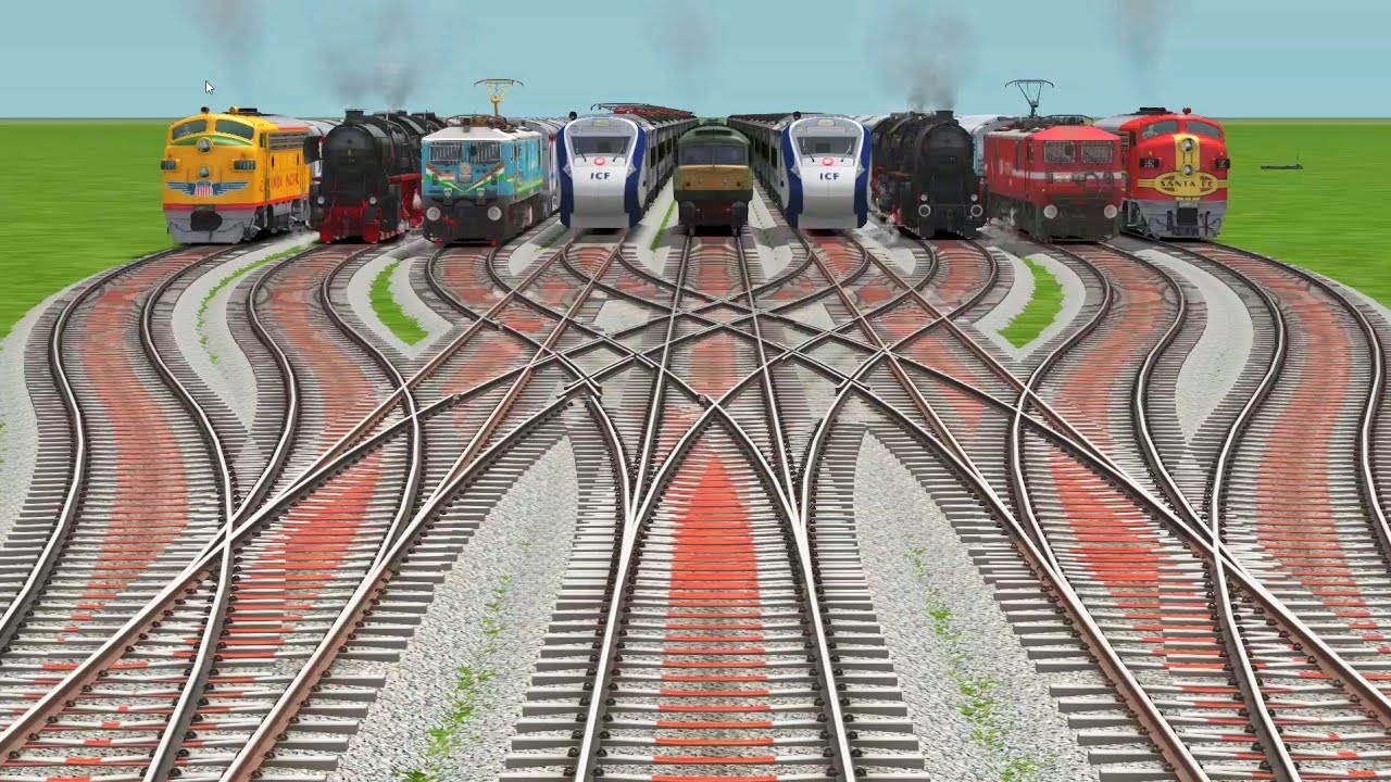9 TRAINS CROSSING ON BUMPY FORKED RAILROAD CROSSING | Train Simulator ...