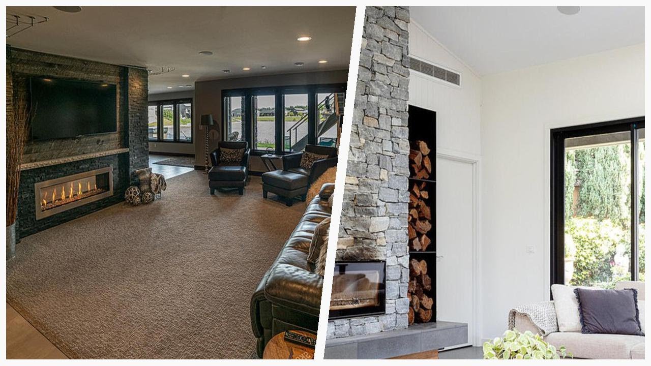 75 Gray Floor Family Room With A Stacked Stone Fireplace Design Ideas ...