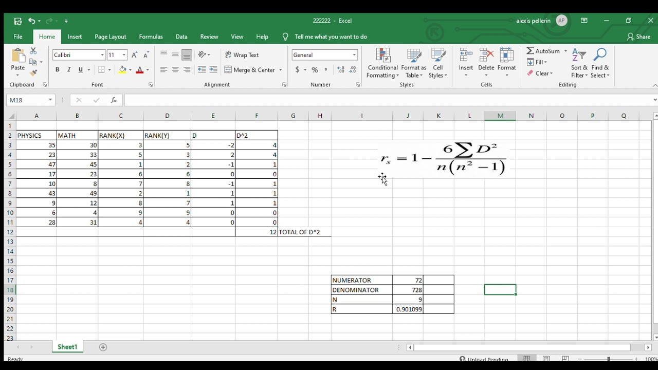 solving the spearman rho in excel (without tied rank) - YouTube