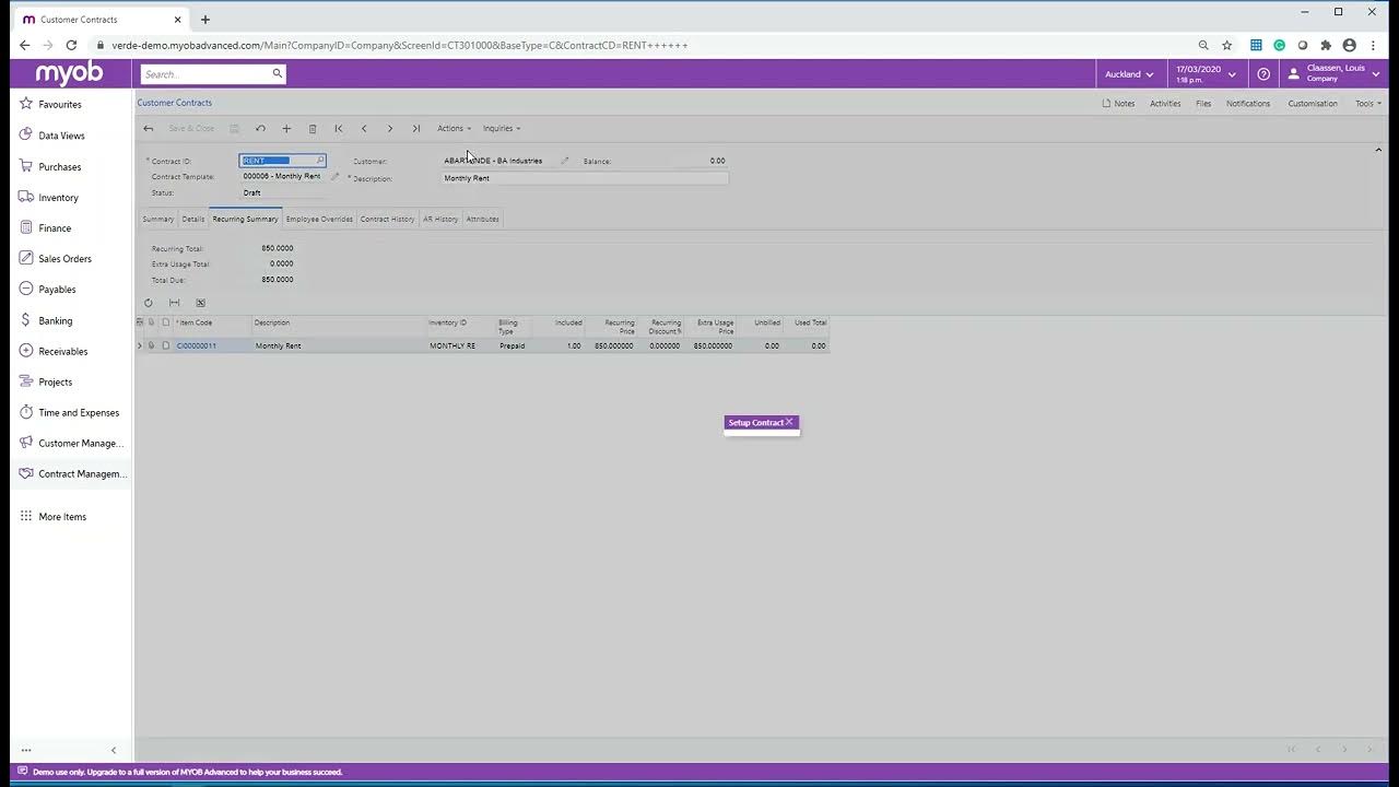 MYOB Advanced Training - Contracts - Creating and Activating the Contract - YouTube