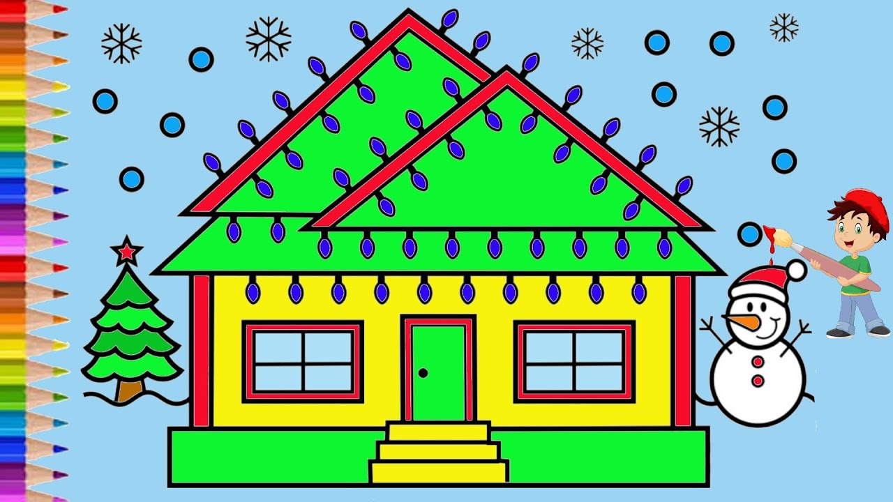 How to draw a Christmas house with New Year's lights and Snowman and ...