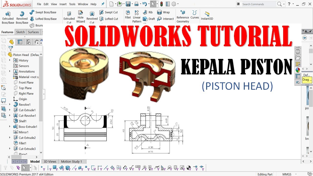 TUTORIAL SOLIDWORKS PART DESIGN CARA MEMBUAT 3D PISTON HEAD (KEPALA ...