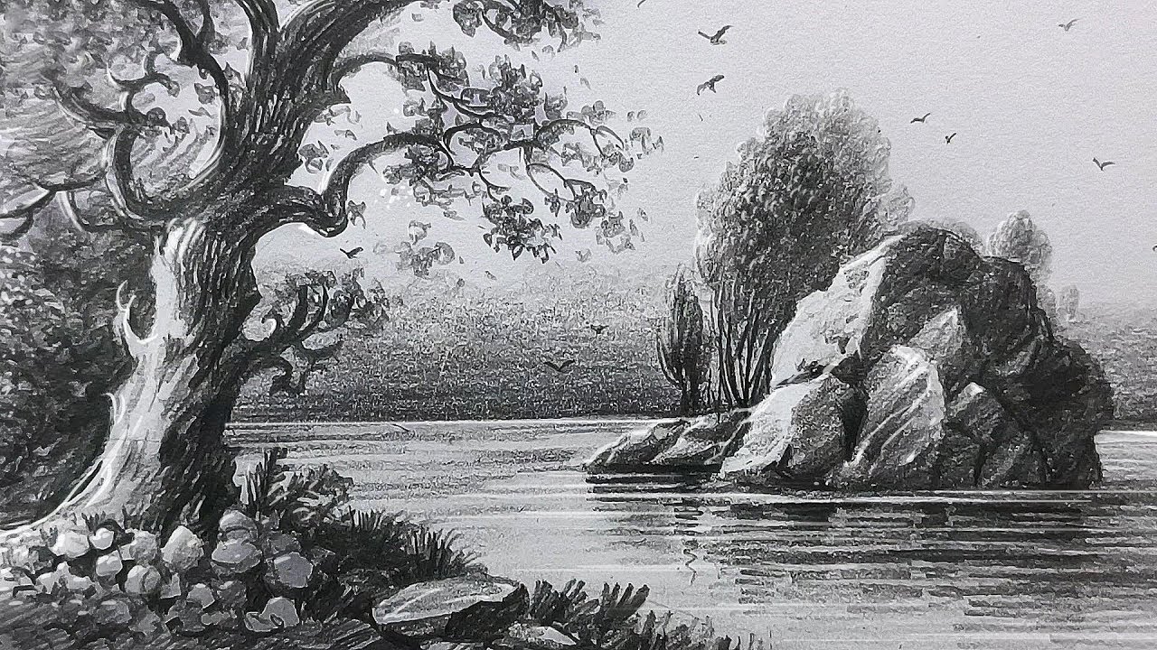 Pencil Drawing of a River Landscape with Sky, Tree, and Stones | Step ...