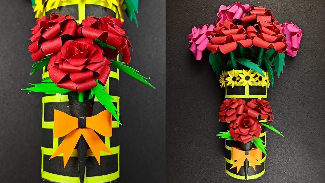 Amazing Paper Flower Vase For Room Decor || Making Rose Flower | Paper ...