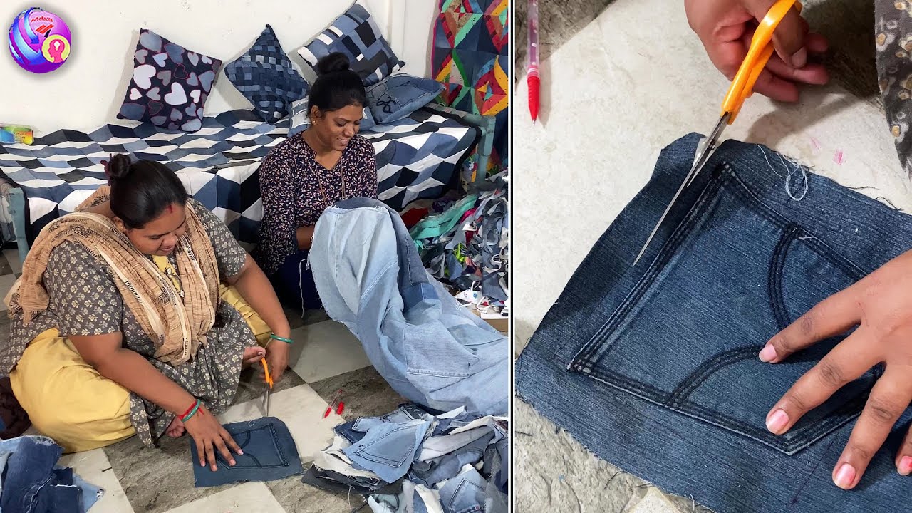 Diy denim rug/carpet from old jeans pocket recycling - YouTube