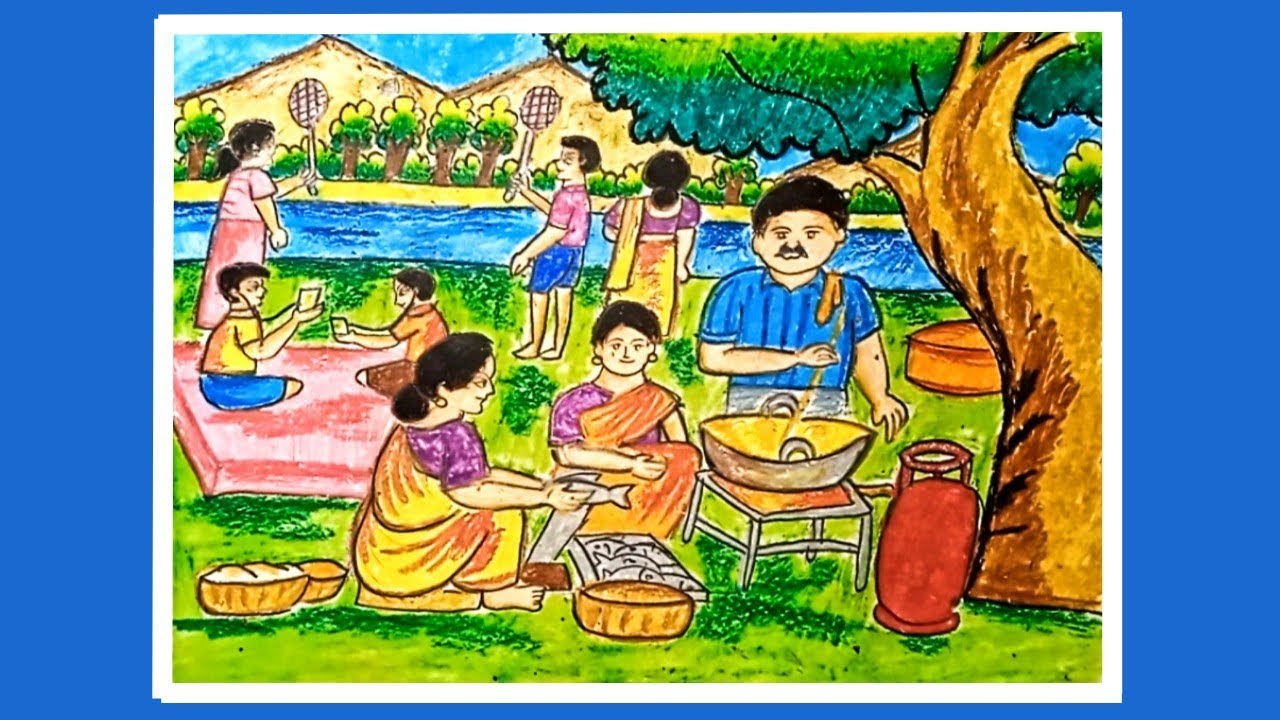 How to draw a family picnic | picnic scenery drawing with oil pastel ...